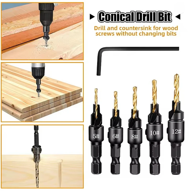 4/5PCS 5#-12# Conical Countersink Drill Woodworking Drilling Pilot ...