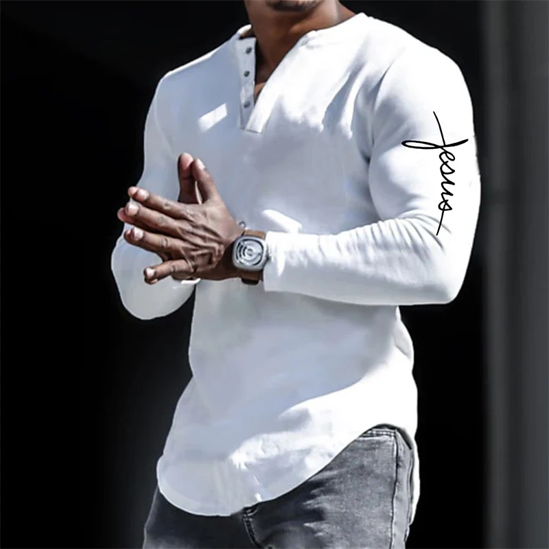 Spring Henley Shirts Jesus Christ Cross 3D Print Streetwear Men's ...