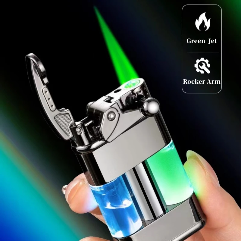 Transparent luminous quicksand windproof butane gas lighter green flame ...