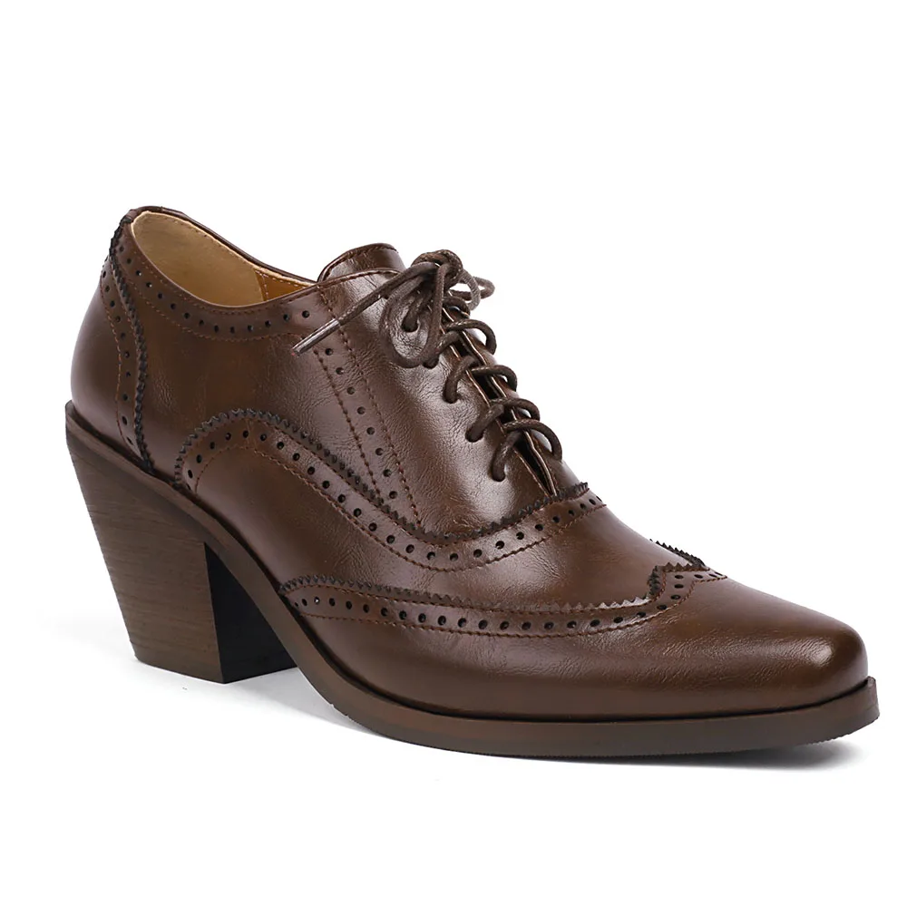 2024-Lace-up-High-Quality-Pointed-Toe-Vintage-Brown-Brogue-Shoes-Women ...