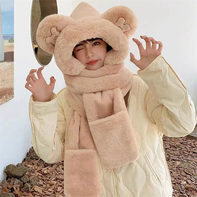 Women-Beanies-Caps-Cute-Plush-Bear-Ear-Hat-3-In-1-Gloves-Scarf-Hat-Set ...