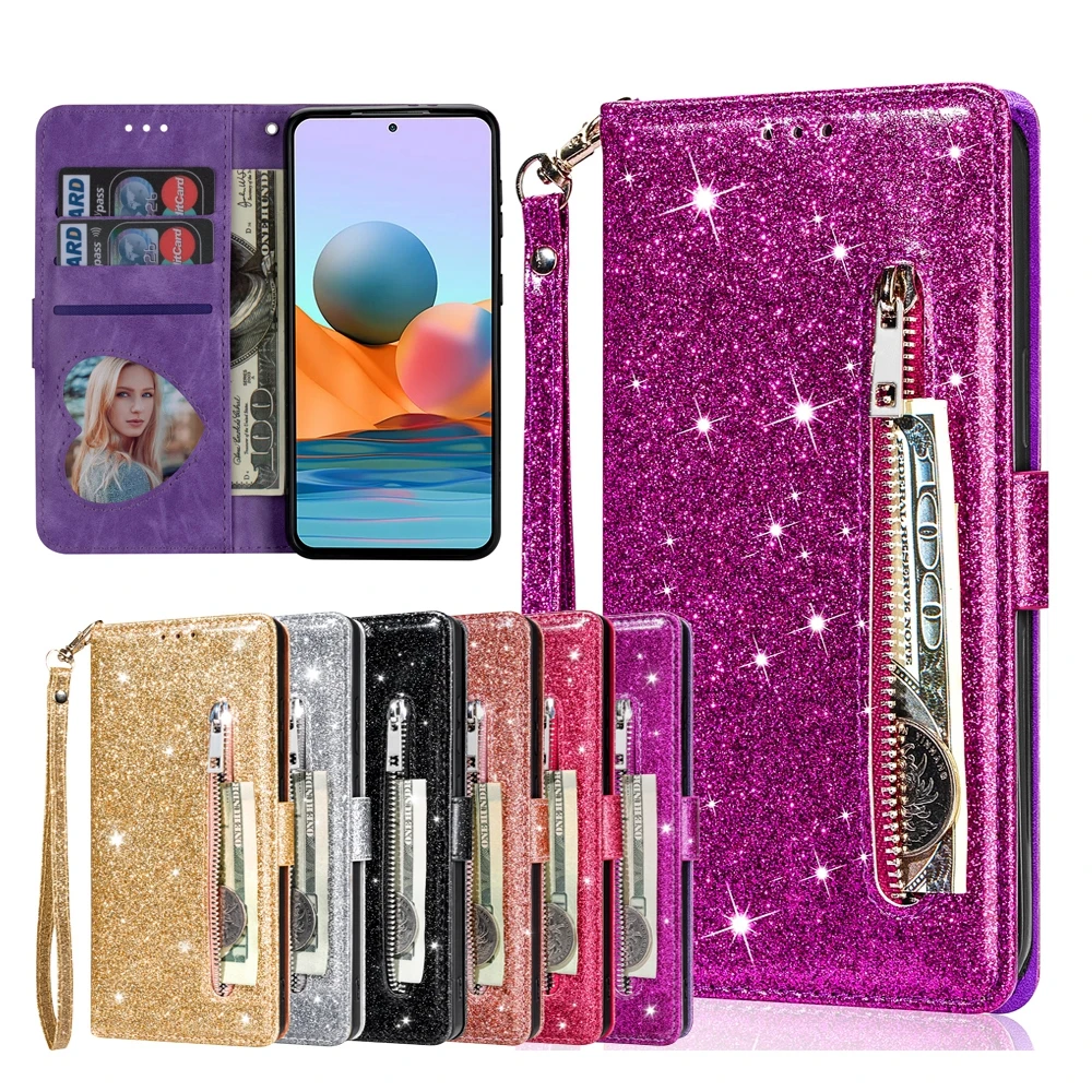 Glitter Zipper Wallet Phone Case with Kickstand, Strap, Card Pocket ...