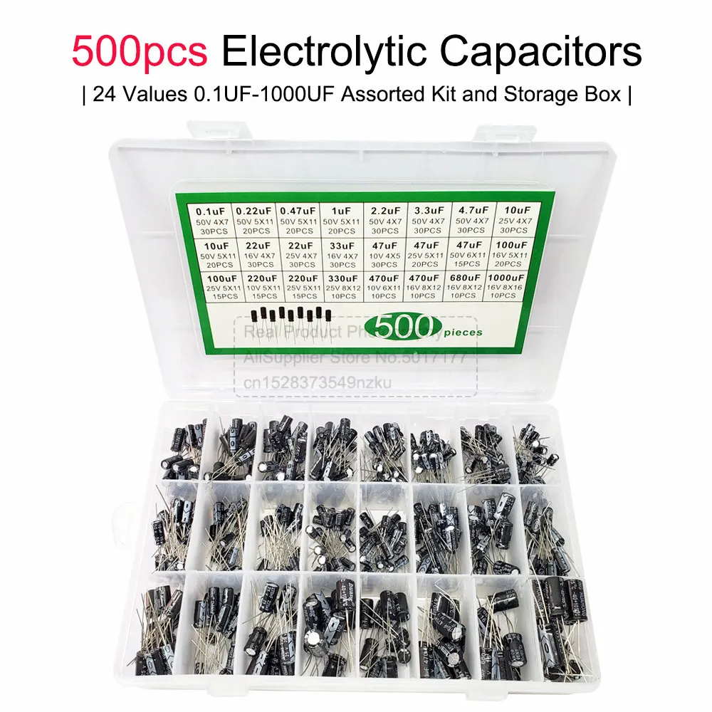 DIY Electrolytic Capacitor 500PCS/LOT Box 0.1UF-1000UF 24Values Aluminum Electrolytic Capacitors ...