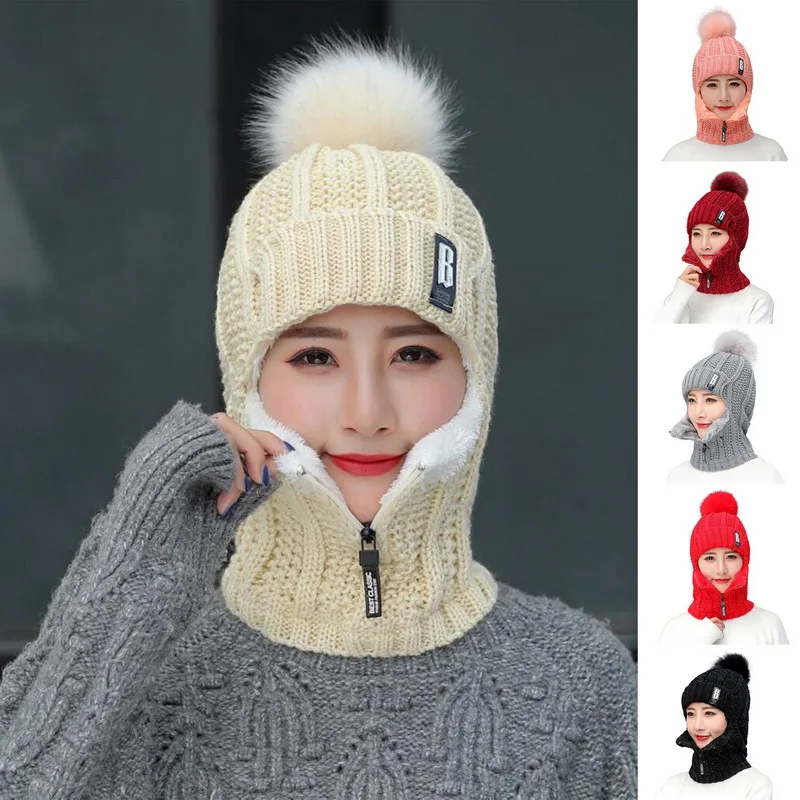 겨울 스컬리 비니 모자 플러시 발라클라바 페이스 마스크 워머 따뜻한 스카프 후드 세트 모자 여성용 소녀 플리스 비니 모자 보닛