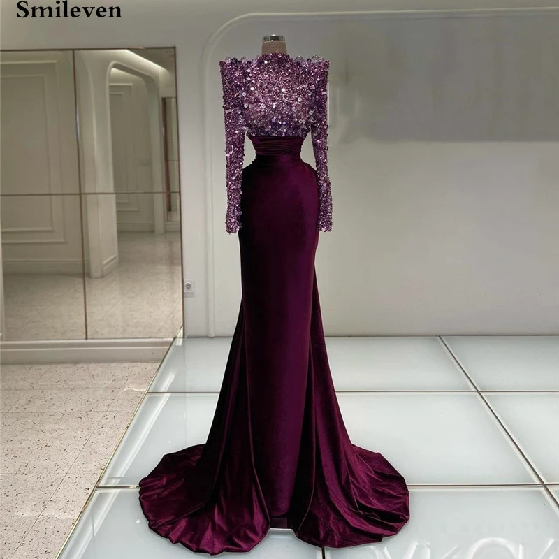 Smileven-Purple-Saudi-Arabia-Mermaid-Evening-Dresses-Beading-Crystal ...
