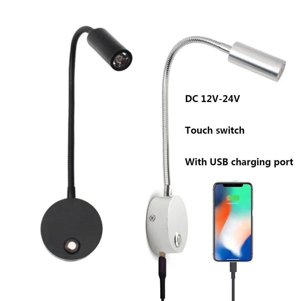Black-Silver-DC12V-24V-3W-RV-Boat-LED-Reading-Light-with-USB-Charging ...