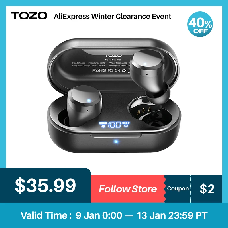 Tozo T12 Wireless Earbuds Bluetooth Headphones ,premium Fidelity Sound Quality Earphones Digital ...