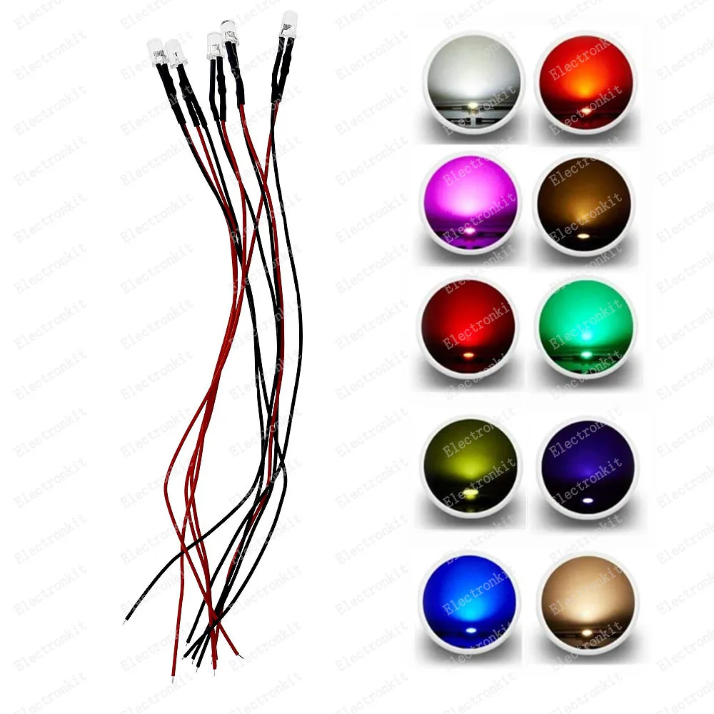 50Pcs-10Color-12V-5mm-Prewired-LED-Diode-kit-Warm-White-Red-Green-Blue ...