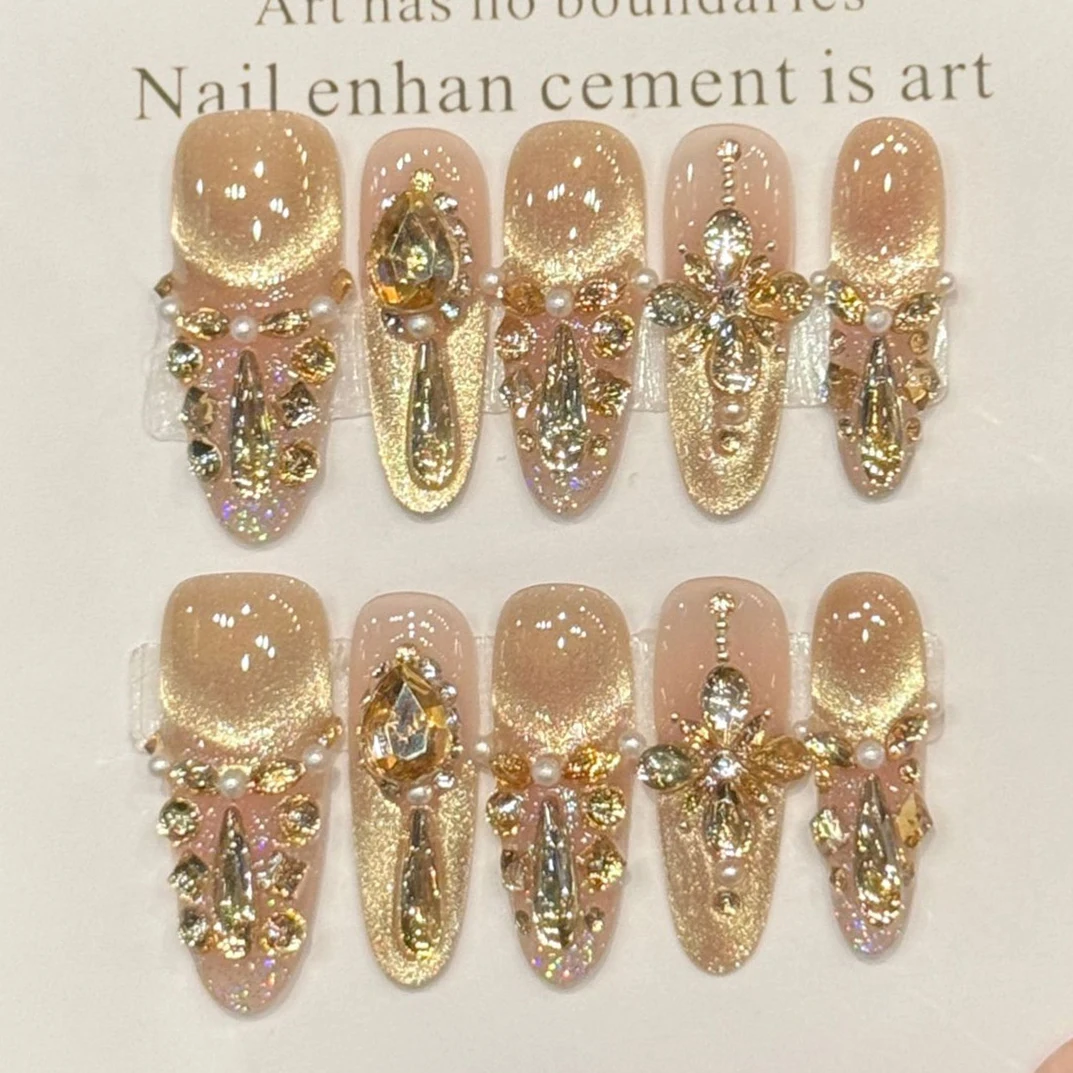 10PCS Handmade Press on Nails Champagne Zircon Diamond Almond Fake ...