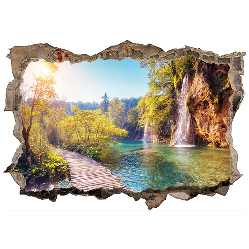 Waterfall-View-Mural-3D-Broken-Wall-Art-Vinyl-Stickers-Home-Decorations ...