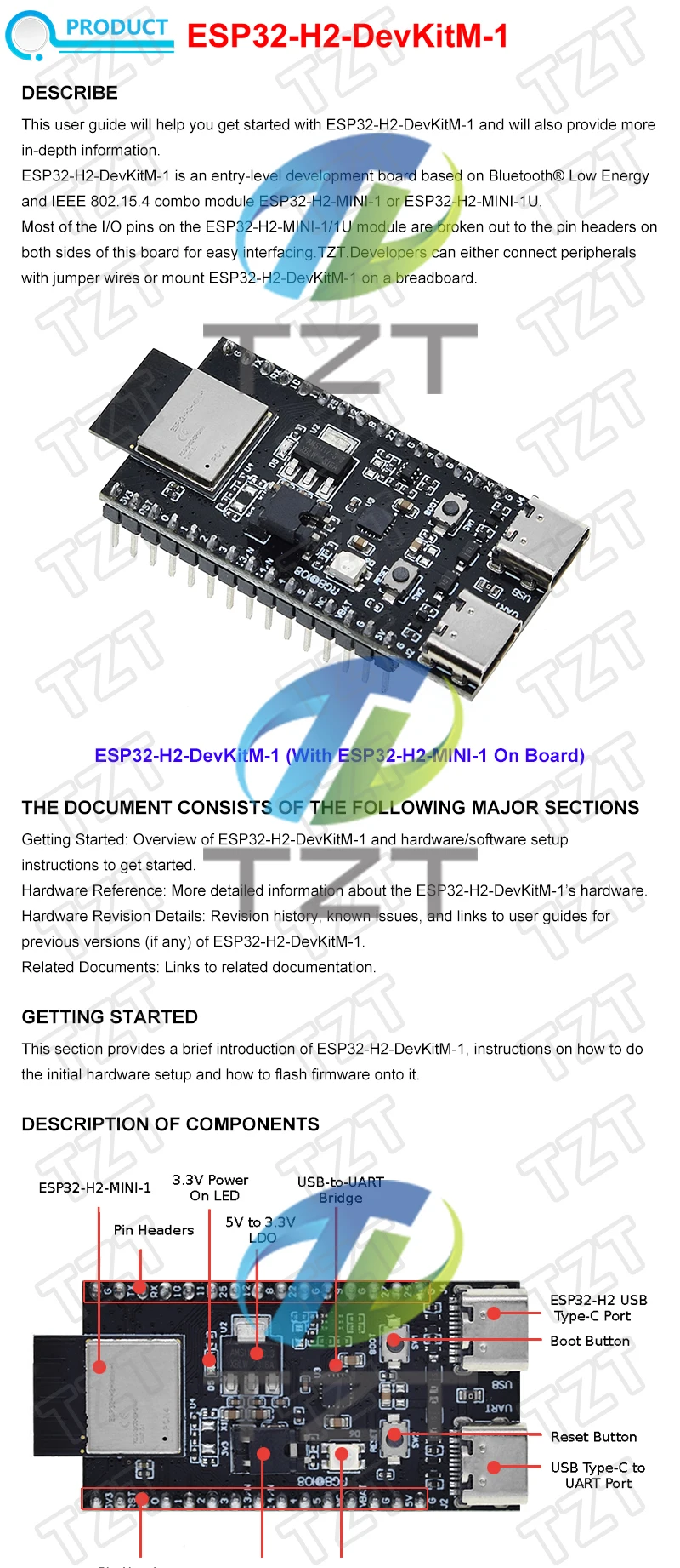 TZT ESP32-H2-DevKitM WiFi+Bluetooth Серия H2 Резьба/Zigbee/BLE ESP32-H2 ESP32-H2-DevKitM-1-N4 ...