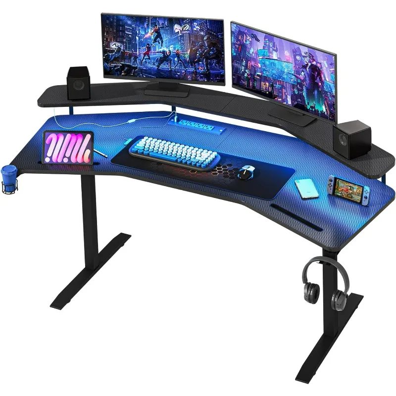 Gaming-Desk-with-LED-Lights-Power-Outlets-63-Wing-Shaped-Computer-Desk ...