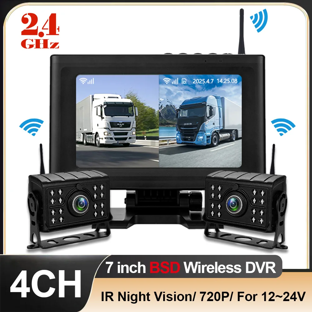 7 Inch Wireless 2.4G Digital Vehicle DVR BSD With 720P IR Night Vision ...