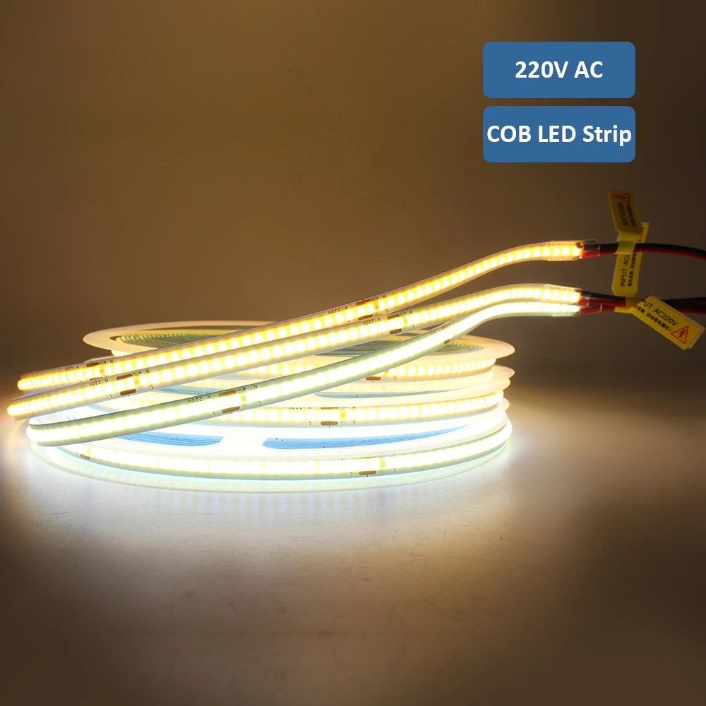 220V 230V AC COB LED Strip Lights 5M 10M Flexible Ribbon Warm White ...