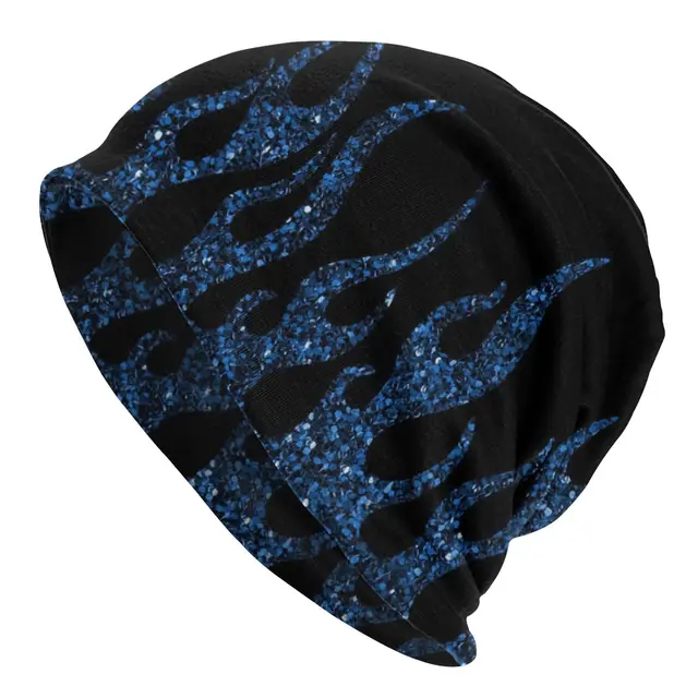 Dark Blue Glitter Flames Beanie Cap Winter Warm Bonnet Homme Knit Hats ...