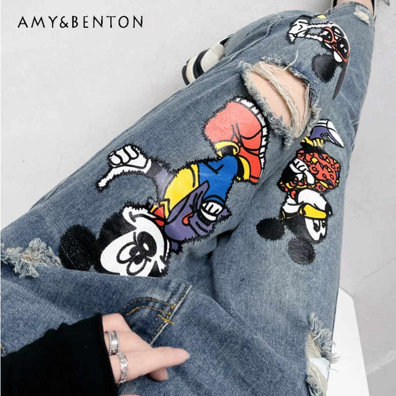 Cartoon-Ripped-Jeans-Women-s-Small-Printed-Loose-High-Waist-Fashion ...
