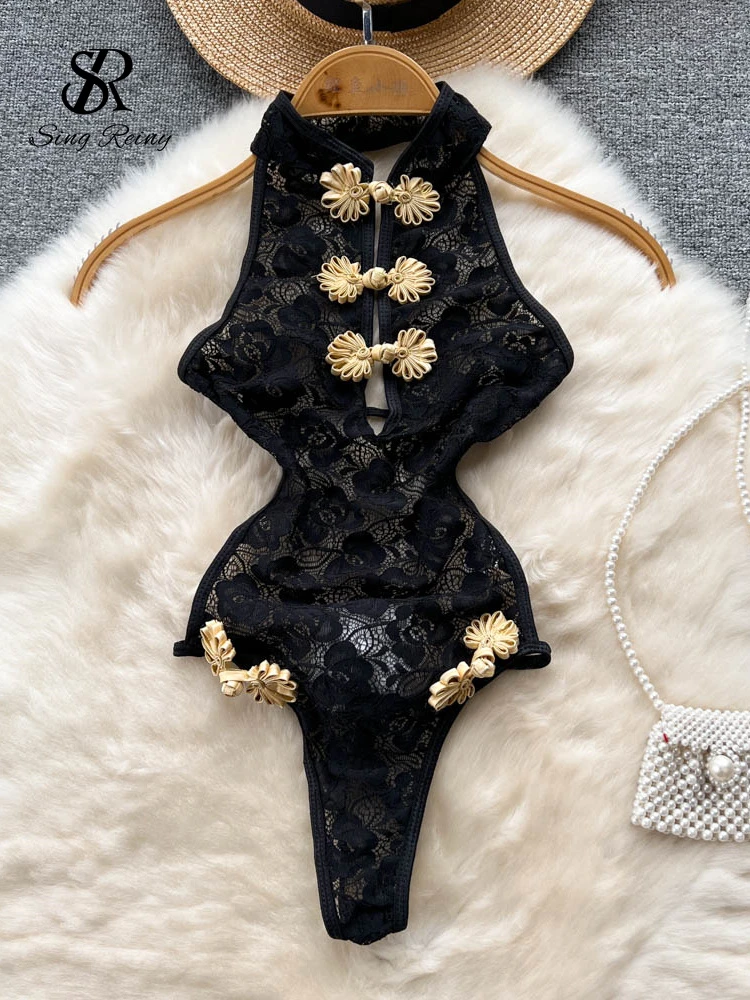 SINGREINY Ladies Transparent Vintage Backless Short Playsuits Sheer ...