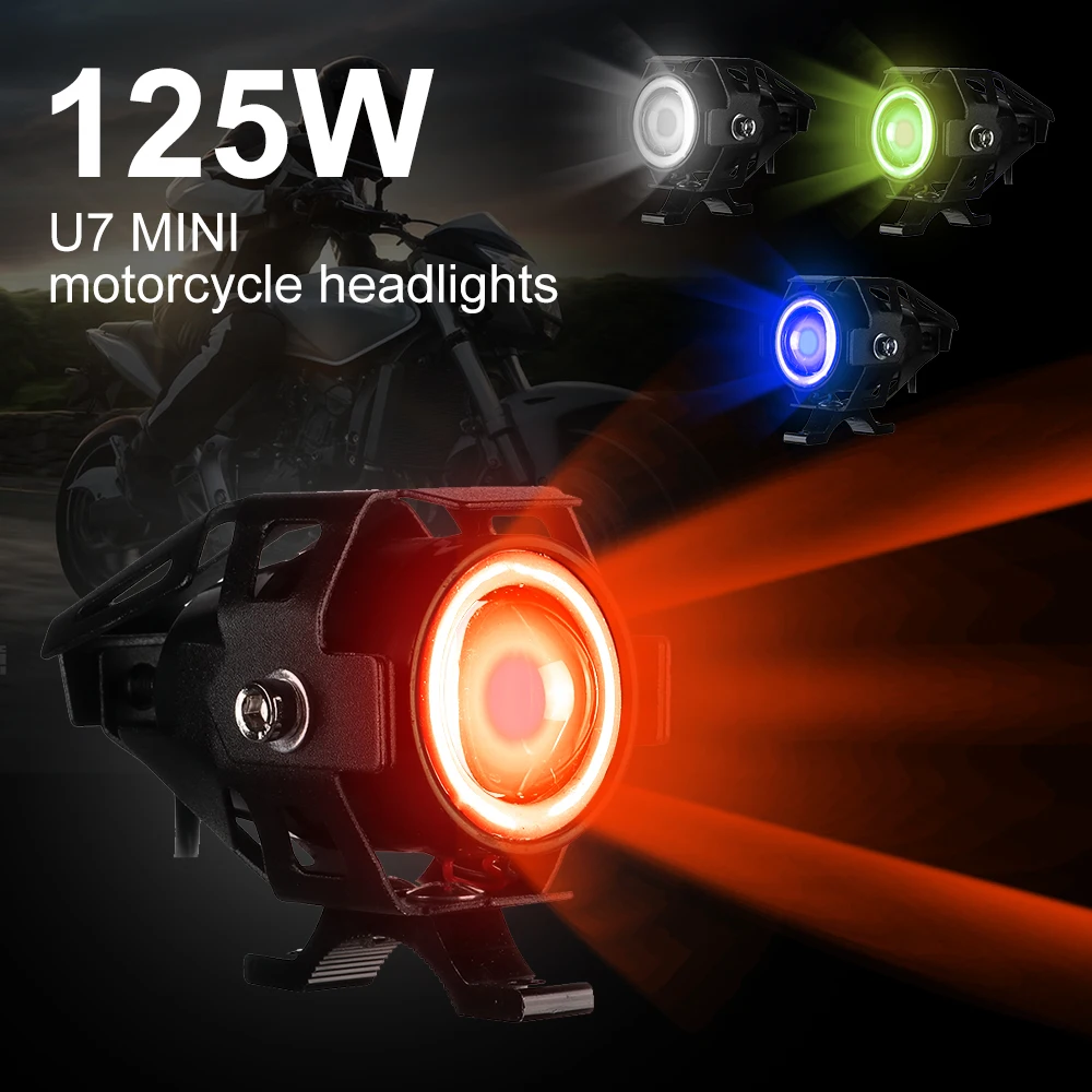125W-LED-Auxiliary-Motorcycle-Headlight-Universal-1200LM-Angel-Eyes-U7 ...