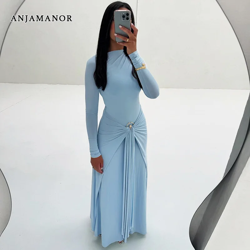 ANJAMANOR Long Sleeve Draped Maxi Dress Old Money Style Woman Elegant ...
