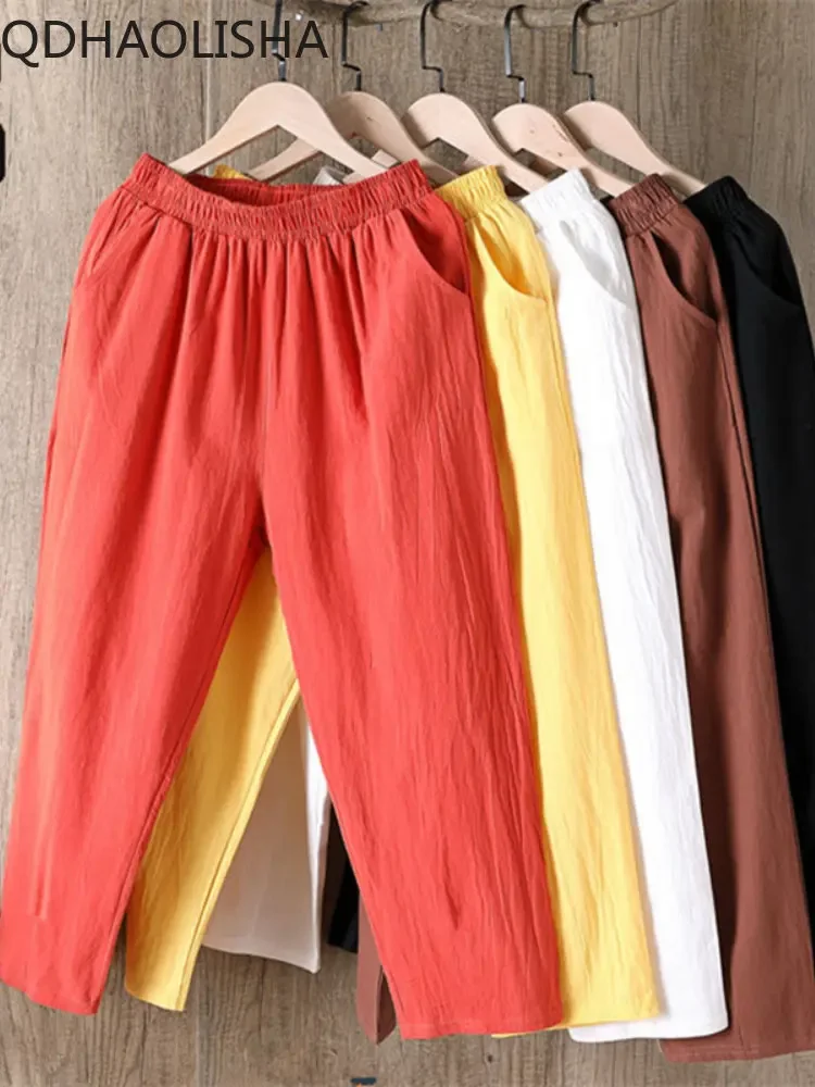 Women-s-Calf-Length-Pants-Thin-Cotton-Korean-Fashion-High-Waist-Haren ...