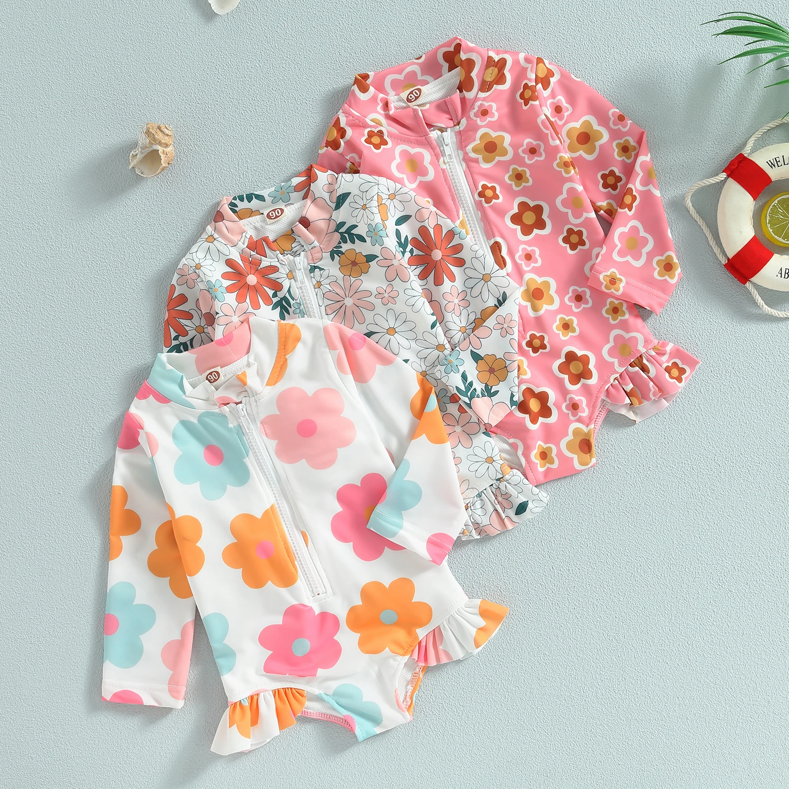 Kids-Baby-Girls-Swimsuits-Summer-Floral-Long-Sleeve-Zipper-Ruffles ...