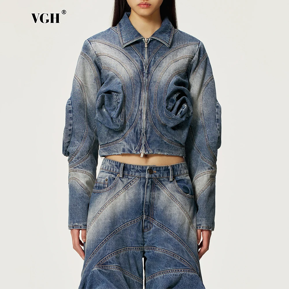 VGH 2000s Retro Spliced Folds Design Denim Jackets for Women Lapel Long ...
