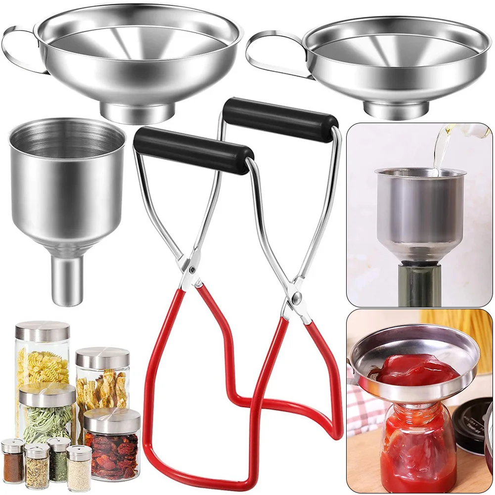 4Pcs-Stainless-Steel-Funnel-Can-Lifting-Tongs-Canning-Funnel-Hoppers ...