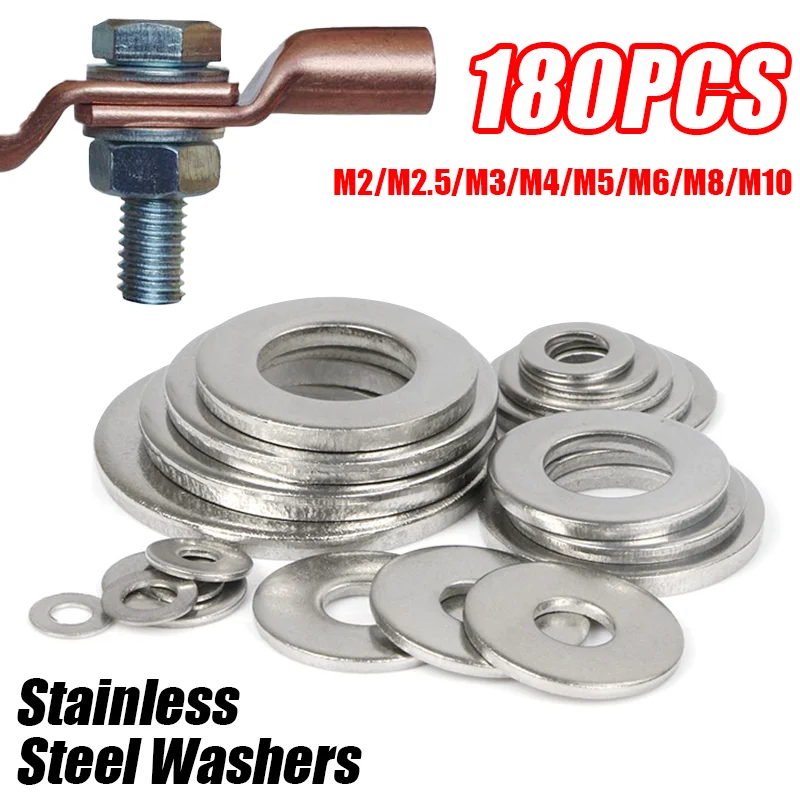 180pcs-Stainless-Steel-Washers-M2-M2-5-M3-M4-M5-M6-M8-M10-Gaskets-Metal ...