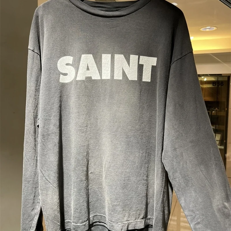 Cotton Oversized Letters Cracked Print Saint Long Sleeve T Shirt Best ...