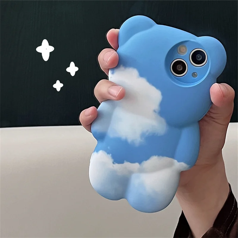 Cartoon 3d Bear Ear Cloud Sky Blue Silicone Case For Iphone 13 11 12 ...