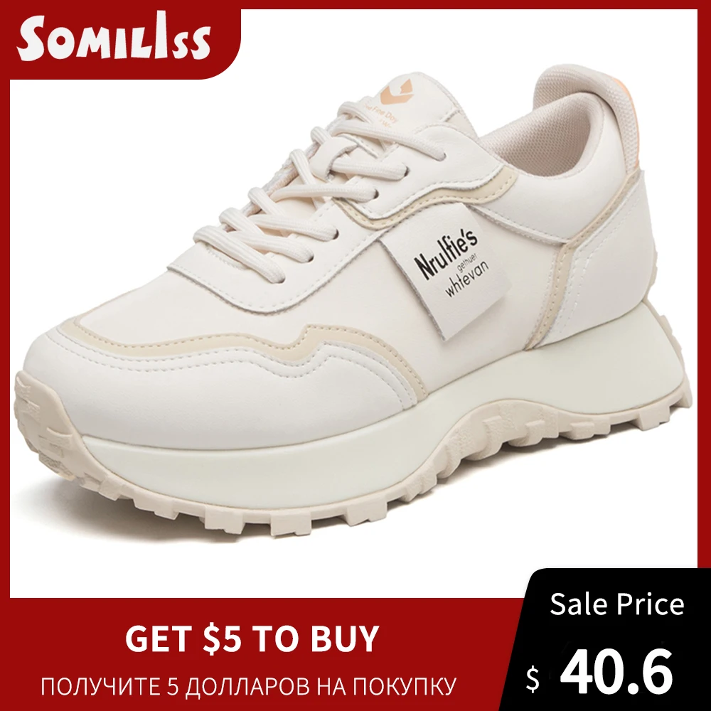 SOMILISS Women Chunky Sneakers Genuine Leather Satin Breathable ...