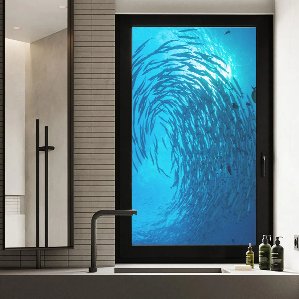 Privacy Glass Window Frosted Film School of Fish pattern Glue-Free ...