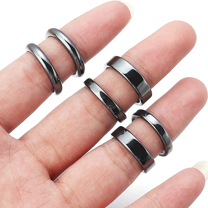 Natural-Stone-Hematite-Ring-Couple-Flat-Arc-Black-Gallstone-Rings-Non ...