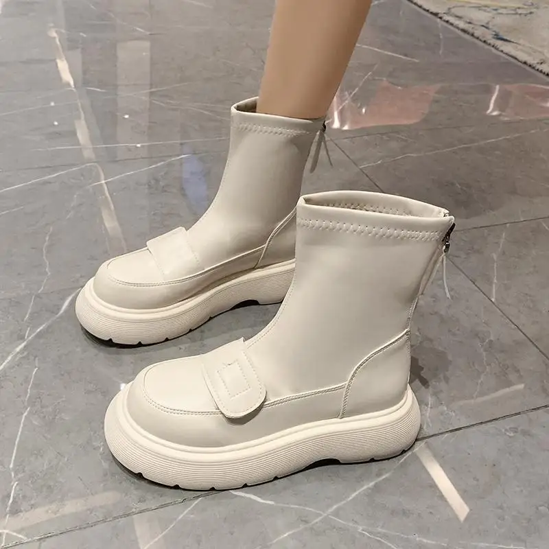 Autumn Winter Platform Booties Leather Round Toe Woman Short Shoes ...