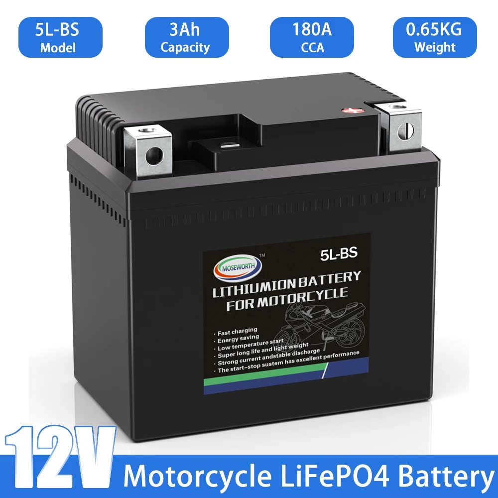 5L-BS LiFePO4 Motorcycle Battery Built in BMS 12V 3Ah 180CCA Lithium ...