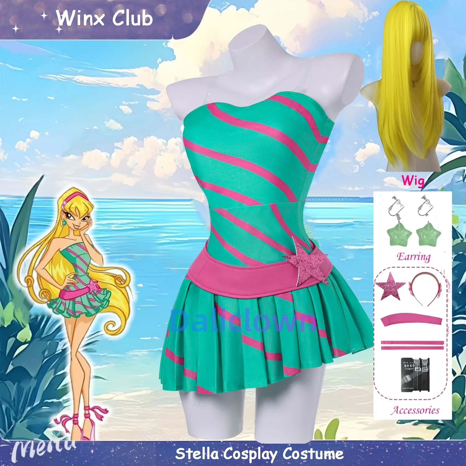 Winx Club Cosplay Stella Costume Adult Sexy Green Princess Dress Women ...
