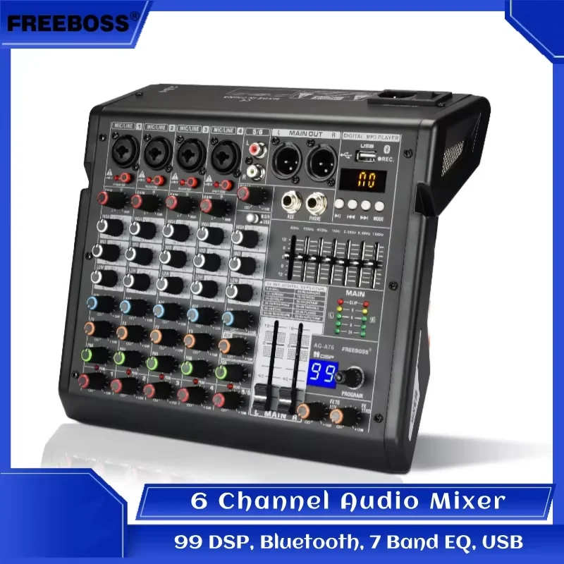 Freeboss 7 Band EQ Audio Mixer 6 Channels Bluetooth Mixing Console 99 ...