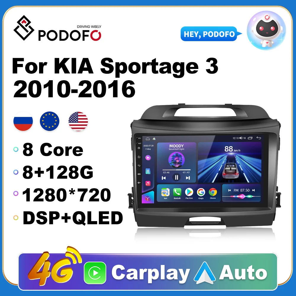 Podofo AutoRadio 2 Din Android Radio Carplay For Kia sportage 2010 2016 AI Voice 4G GPS Car ...