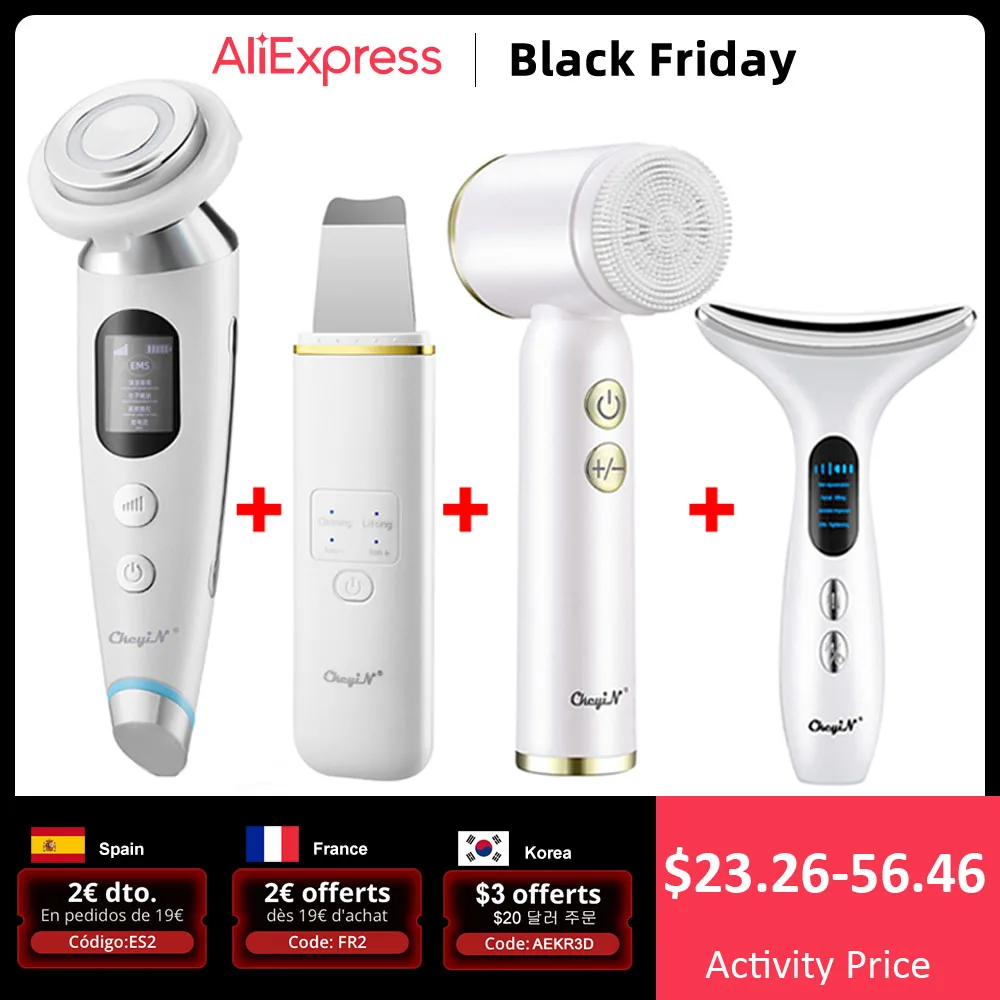 CkeyiN EMS 얼굴 마사지기, 빛 치료 기계 + 초음파 피부 스크러버 + 전기 얼굴 마사지 청소 브러시 + 목 미용 기기 ...