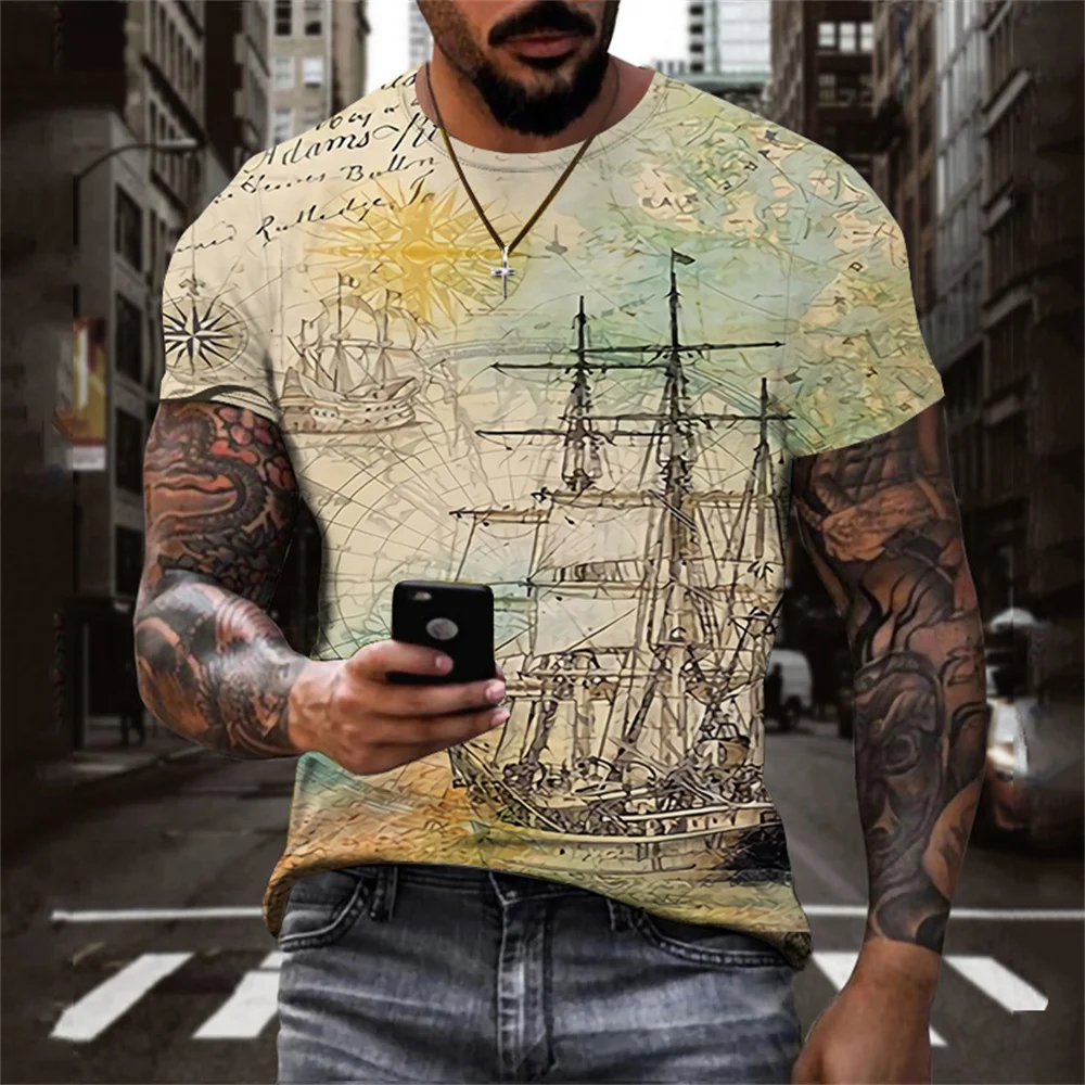 Vintage-Men-Ship-T-shirts-3D-Printed-Pirate-Ship-Crew-Neck-Short-Sleeve ...