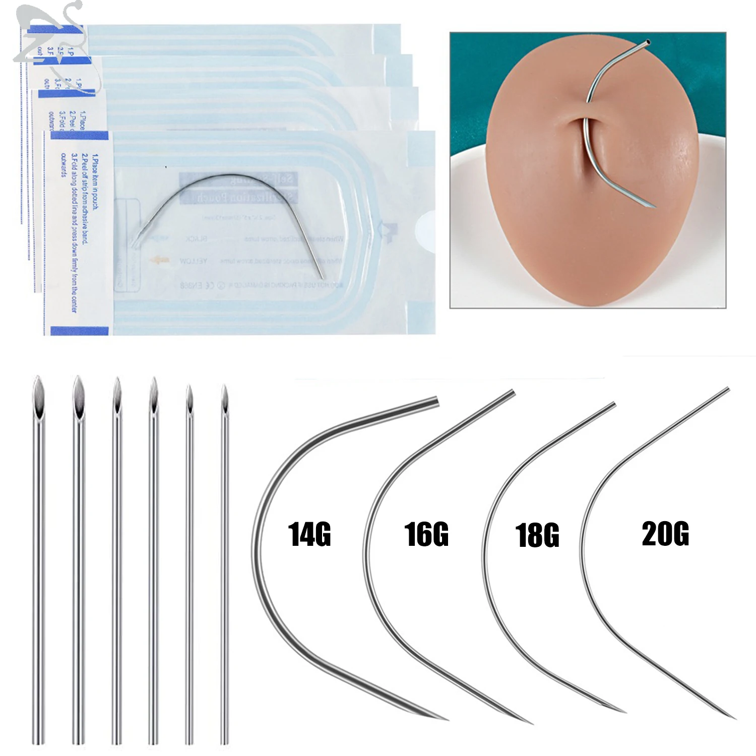 ZS-5-10pcs-lot-Curved-Navel-Piercing-Needle-Kit-12-20G-Disposable ...