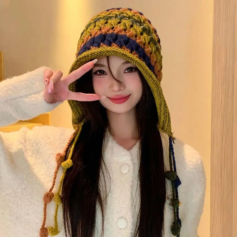 Japanese-Style-Tassel-Ball-Knitted-Hat-Stripe-Ear-Protection-Rainbow ...