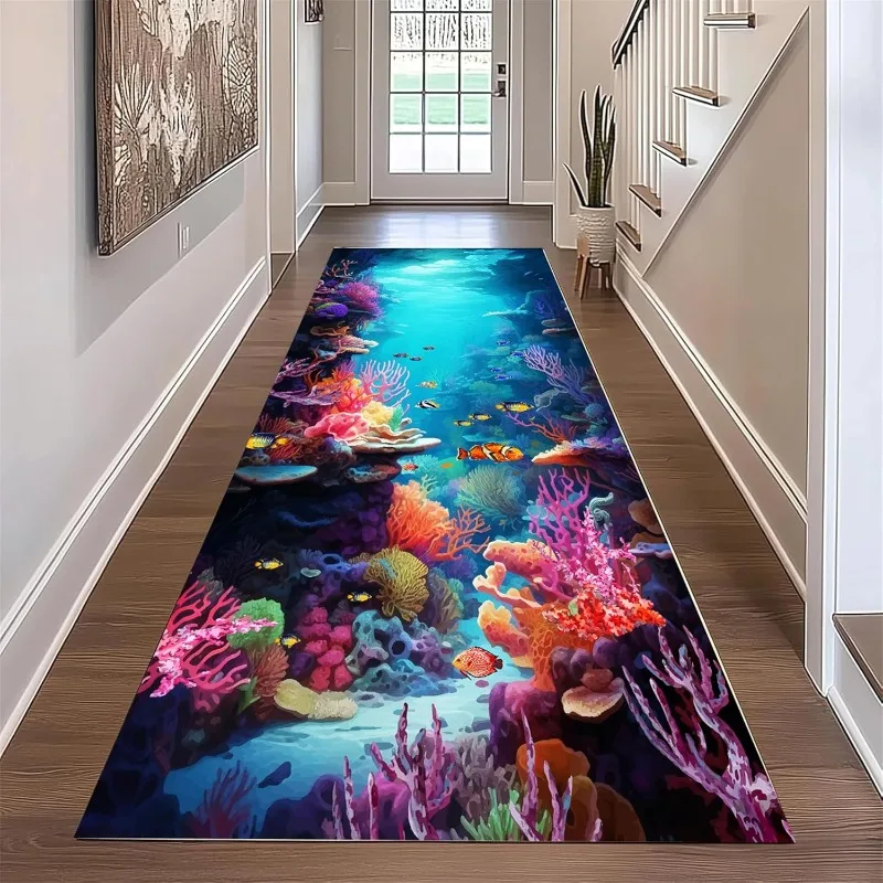 Ocean Theme Runner Rug 3D Vision Coral Reef Fish Starfish Jellyfish ...