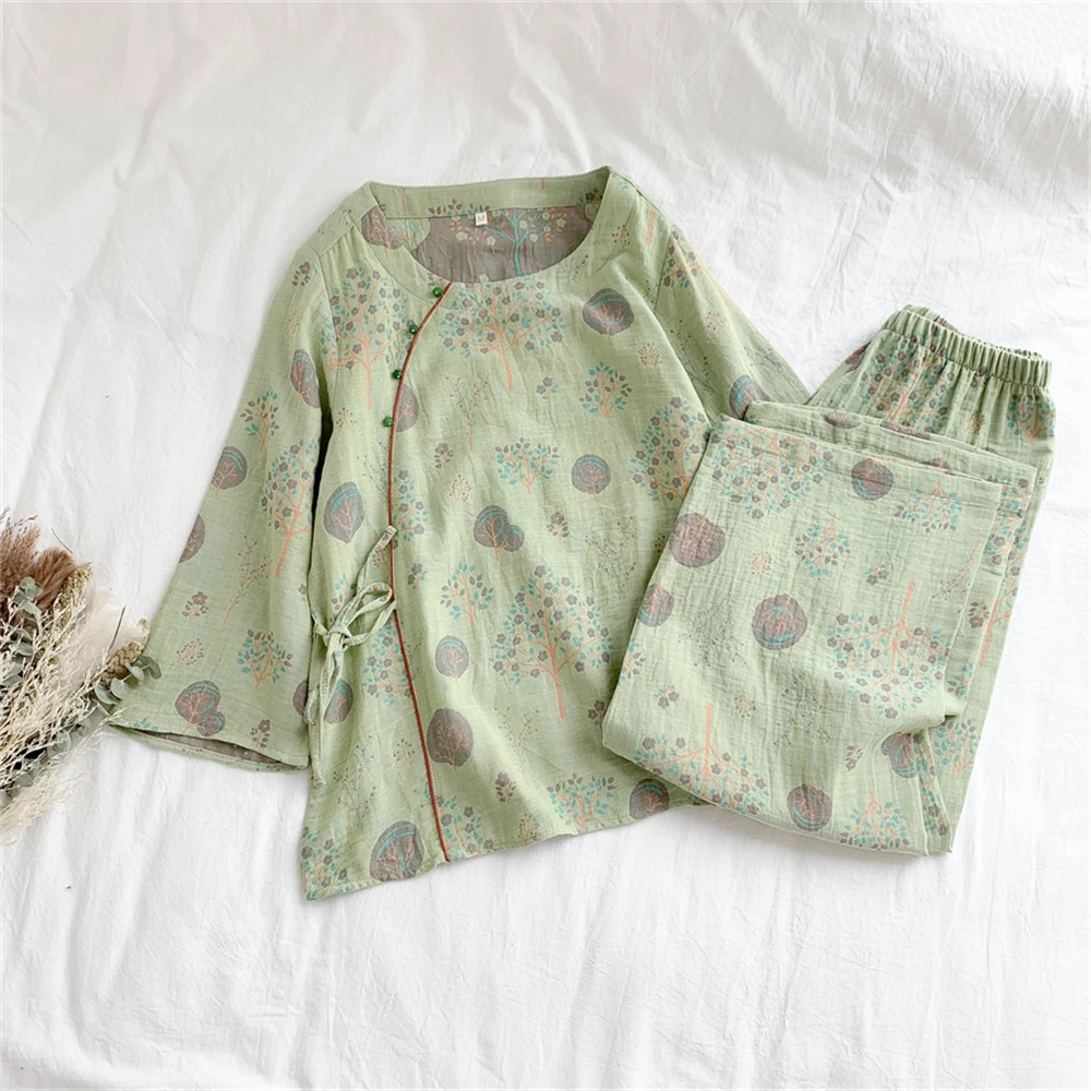Women-Chinese-Style-Cotton-Crepe-Printed-Hanfu-Sleepwear-Suit-Spring ...