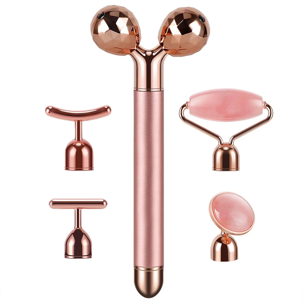 5-in-1 24k Gold Beauty Bar Face Massager Electric Vibrating Rose Quartz ...