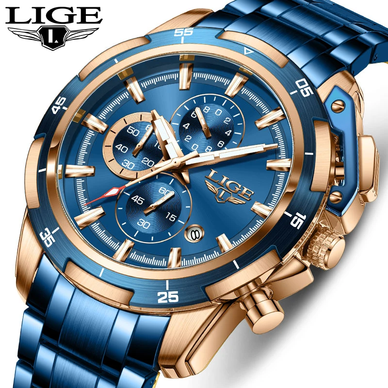 LIGE-Men-s-Watch-Blue-Dial-Stainless-Steel-Band-Date-Mens-Business-Male ...