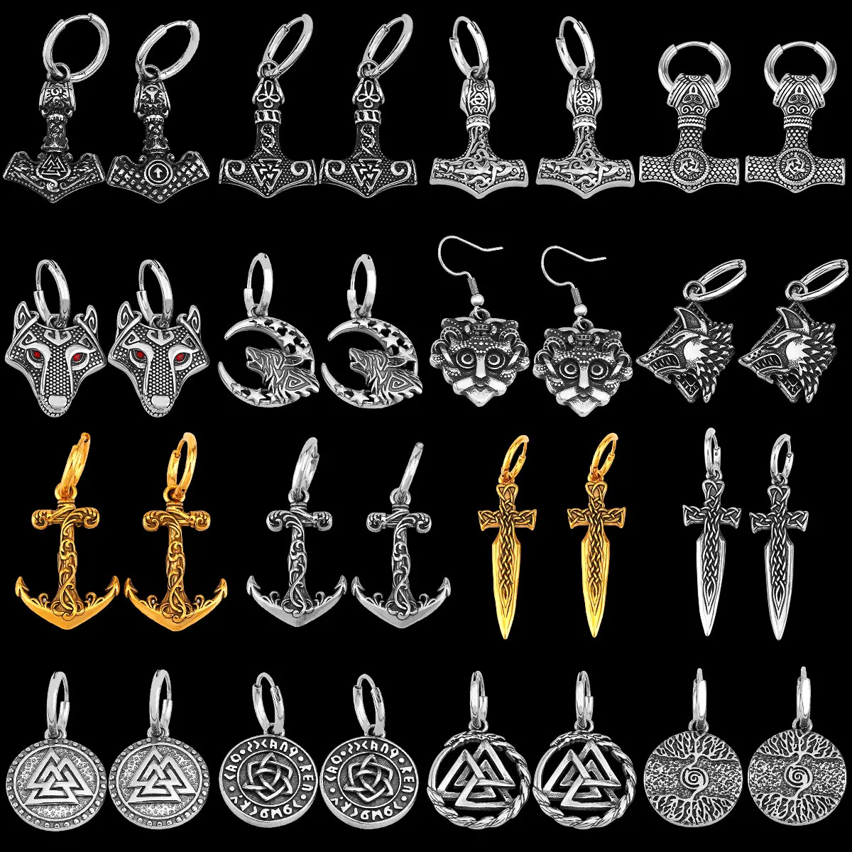 Nordic-Viking-Wolf-Head-Thor-s-Hammer-Drop-Earrings-Men-Women-Stainless ...