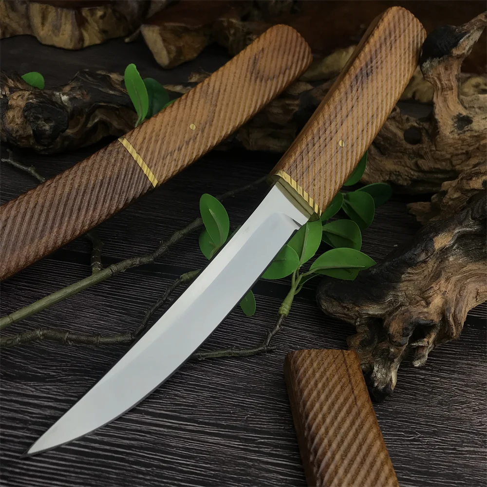 Wood-Handle-Outdoor-Tactical-Fixed-Blade-Knife-7CR13MOV-Mirror-Blade ...