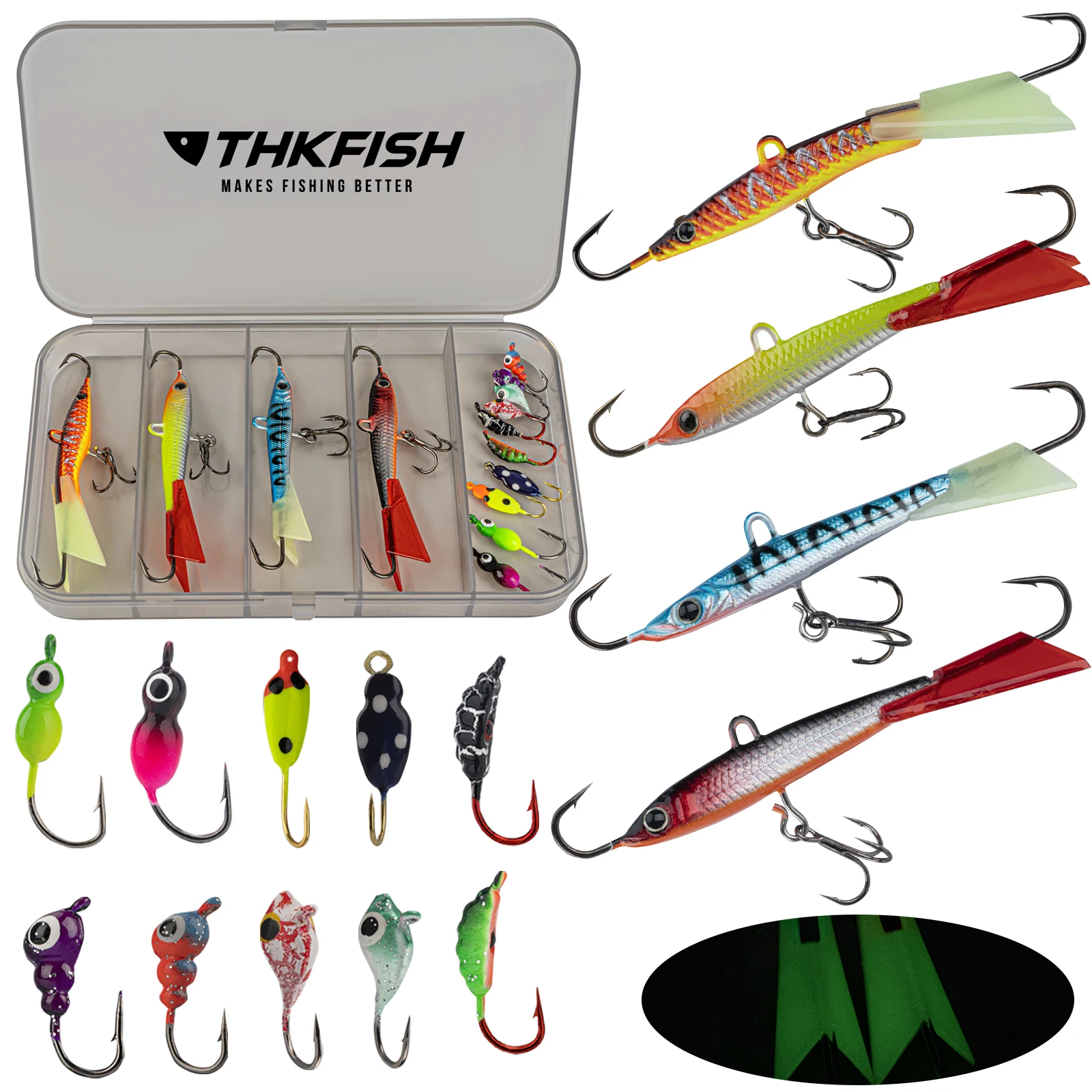 14pcs Winter Ice Fishing Jigs Set 14.5g-16.3g Glow Balancers Lures 1g-1 ...