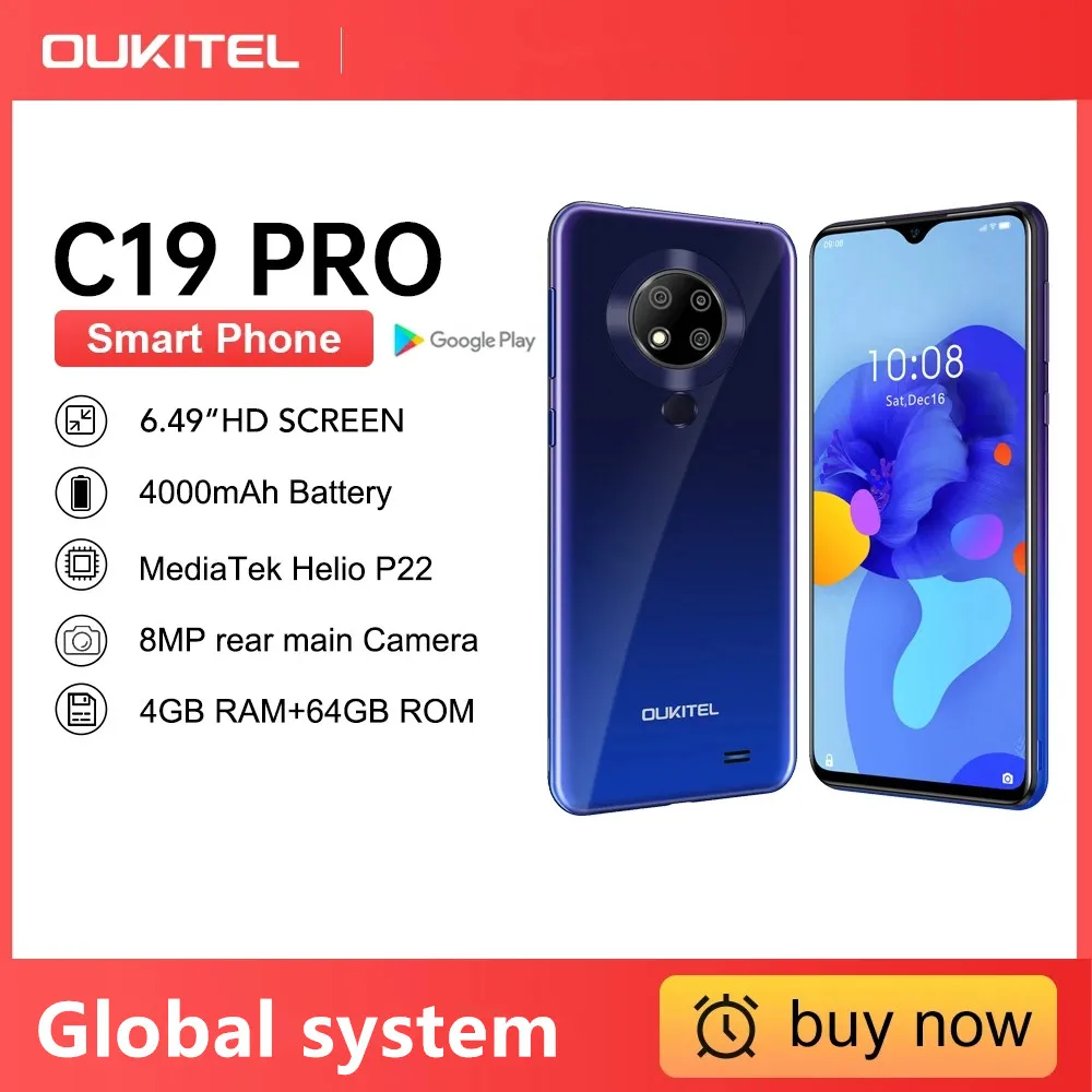 Original Oukitel C19 Pro Smartphone 4GB RAM 64GB ROM 6.5"HD+ 4000mAh Helio P22 Octa Core Mobile ...